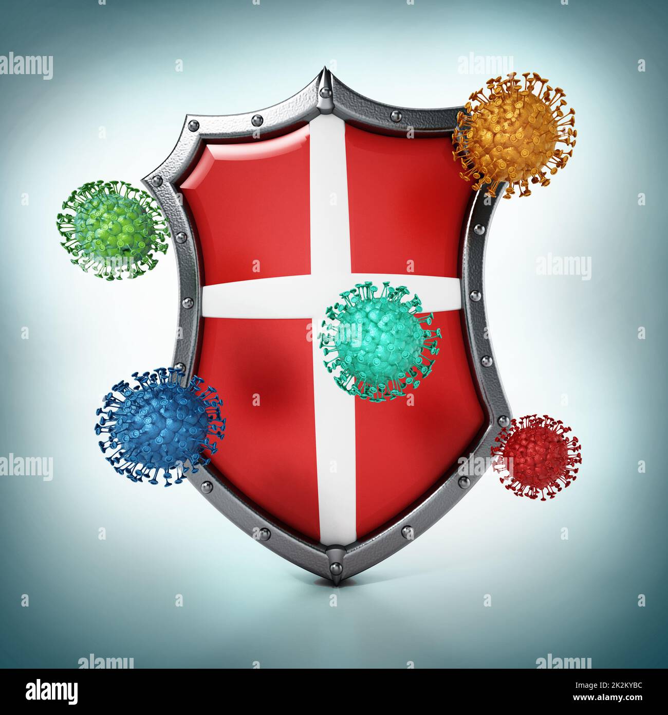 Colored viruses and shield isolated on green background. 3D ...
