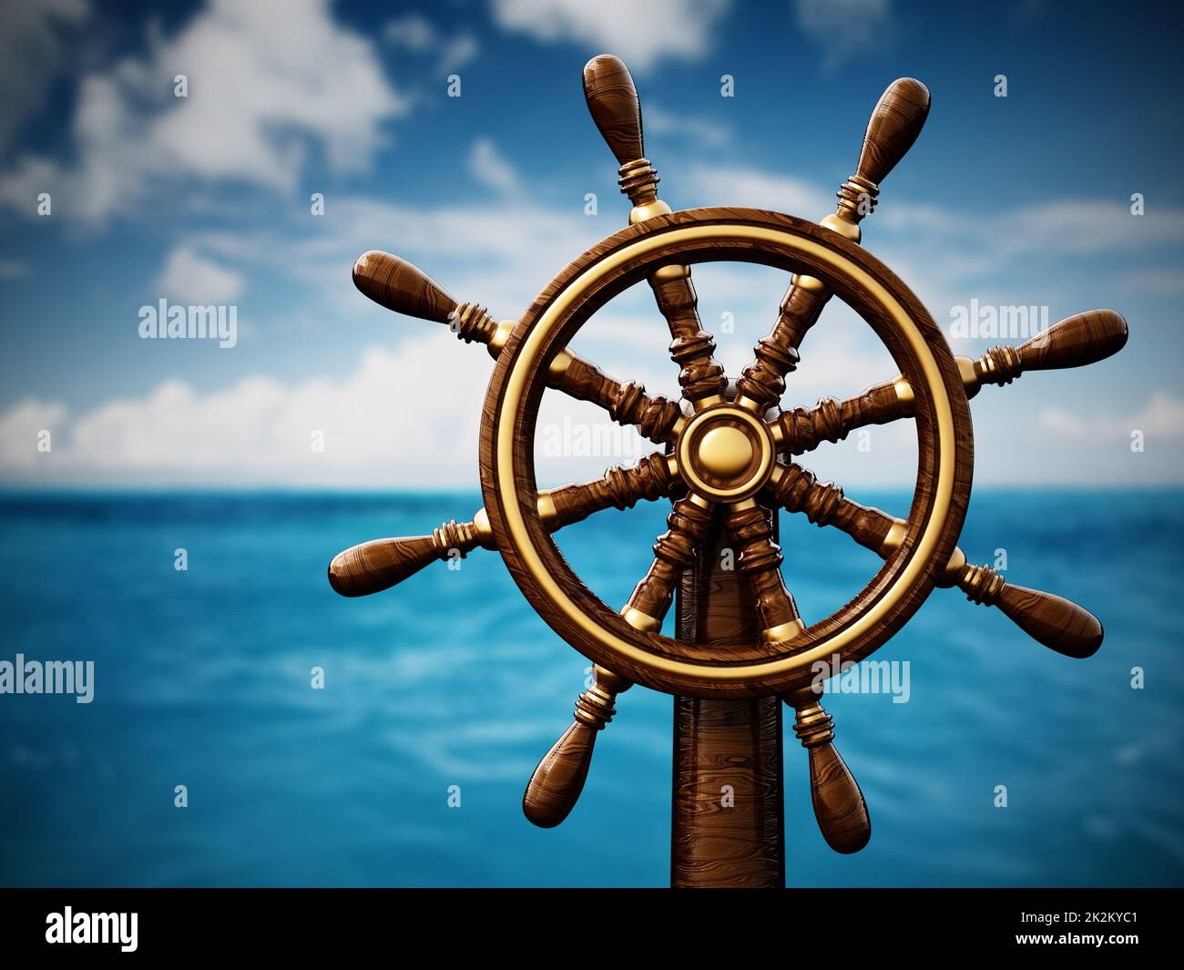 Ship wheel against blue sea and sky. 3D illustration Stock Photo - Alamy