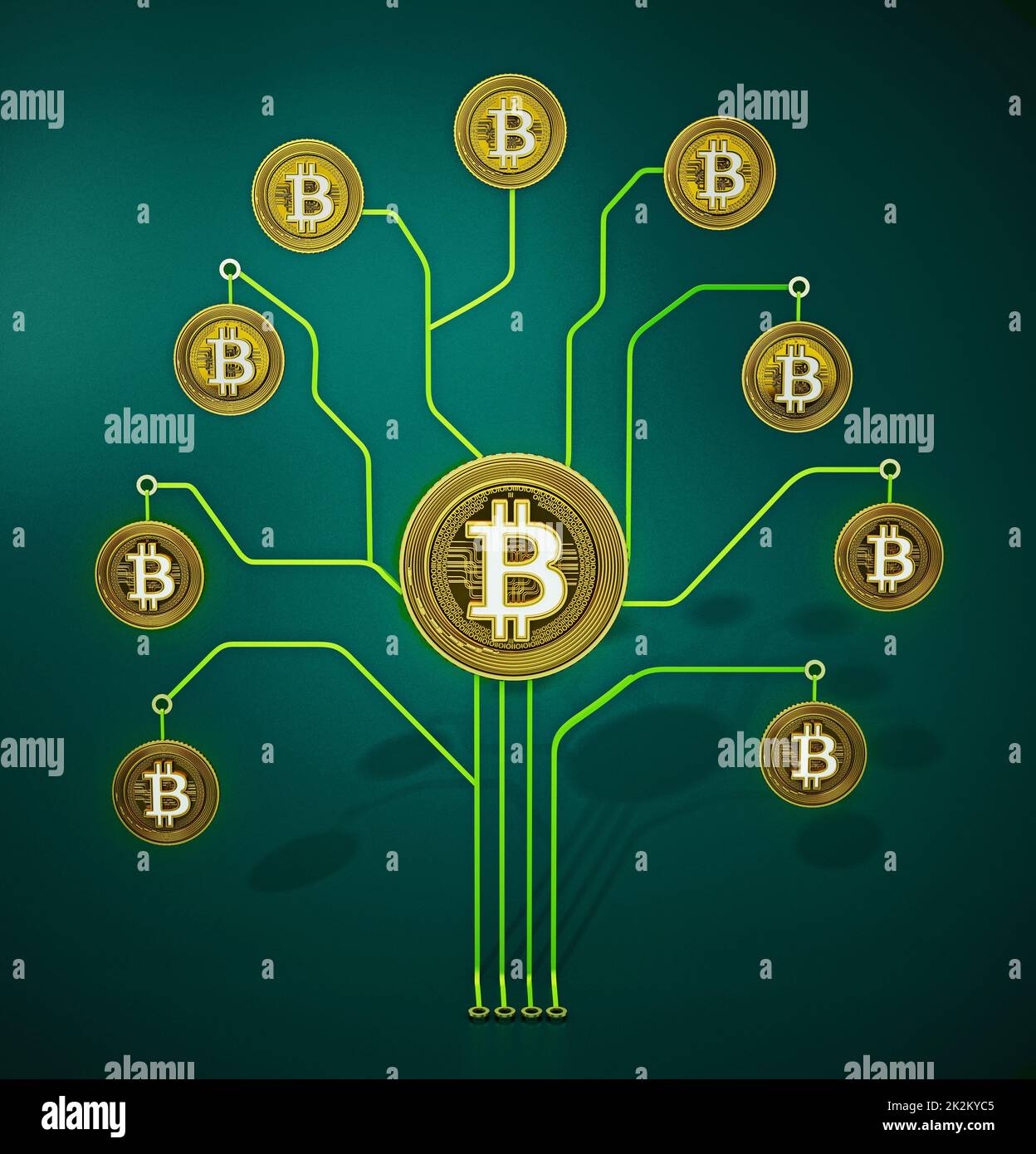 Fictitious crypto coins hanging on PCB tree branchs. 3D illustration ...