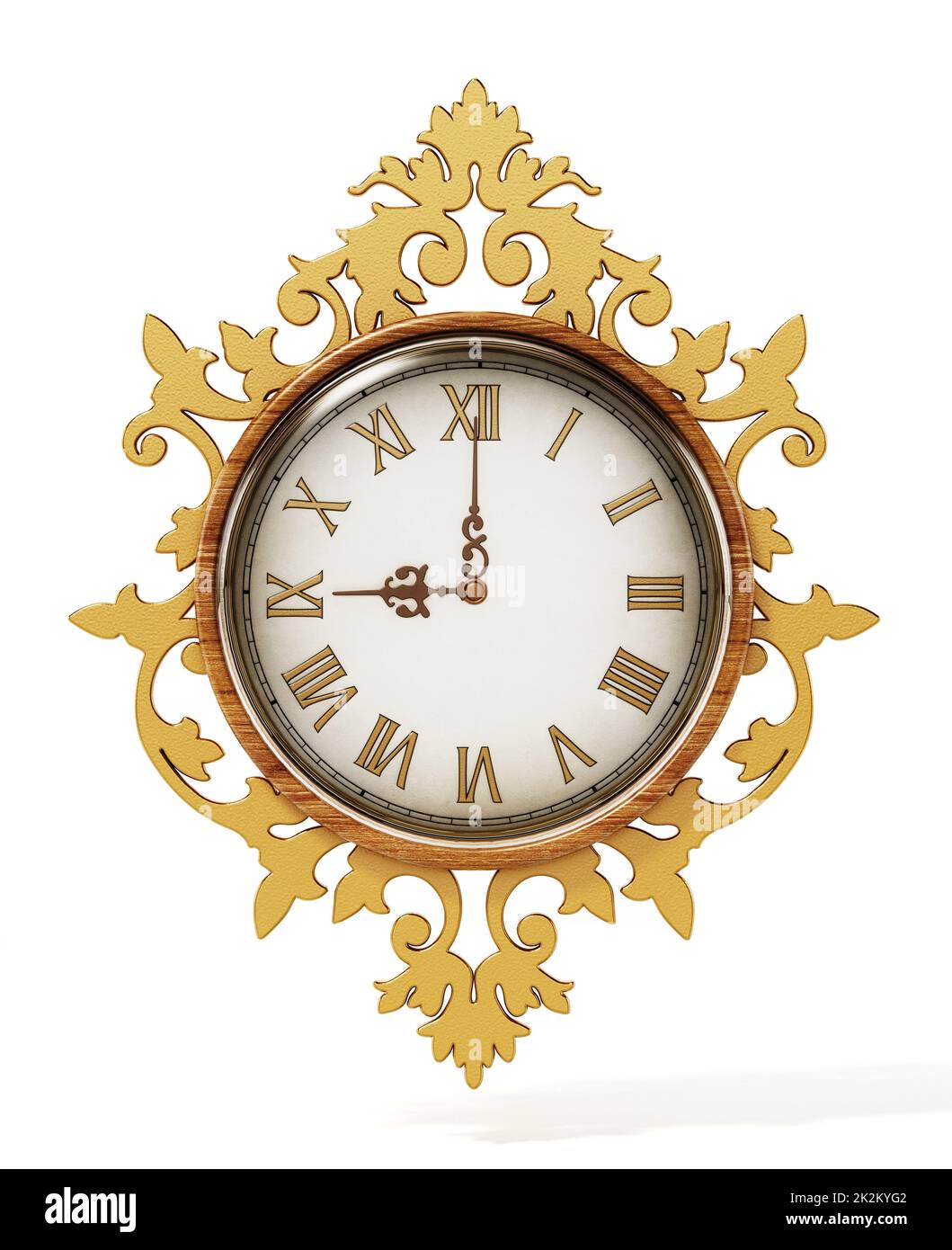 Classic ornamental wall clock isolated on white background. 3D ...