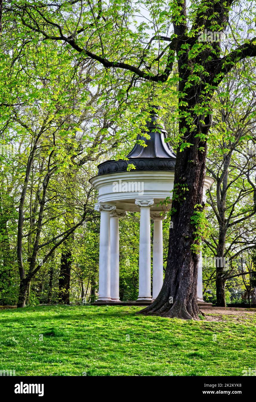 rococo architecture, little white temple next to a tree, worms eye view ...