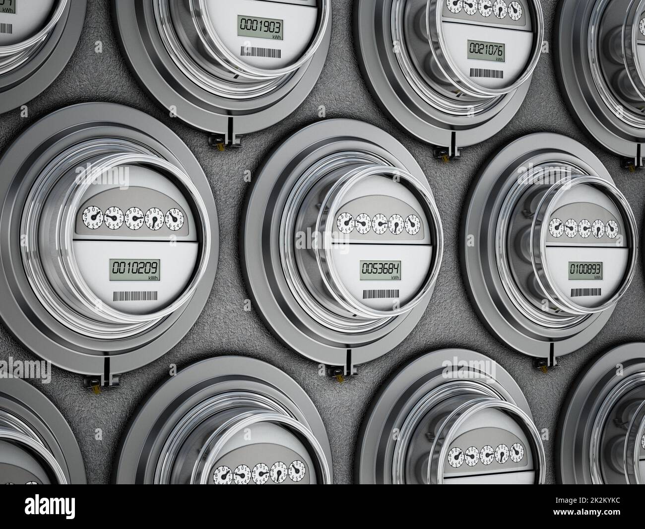 Energy efficient smart electric meters in a row. 3D illustration Stock ...