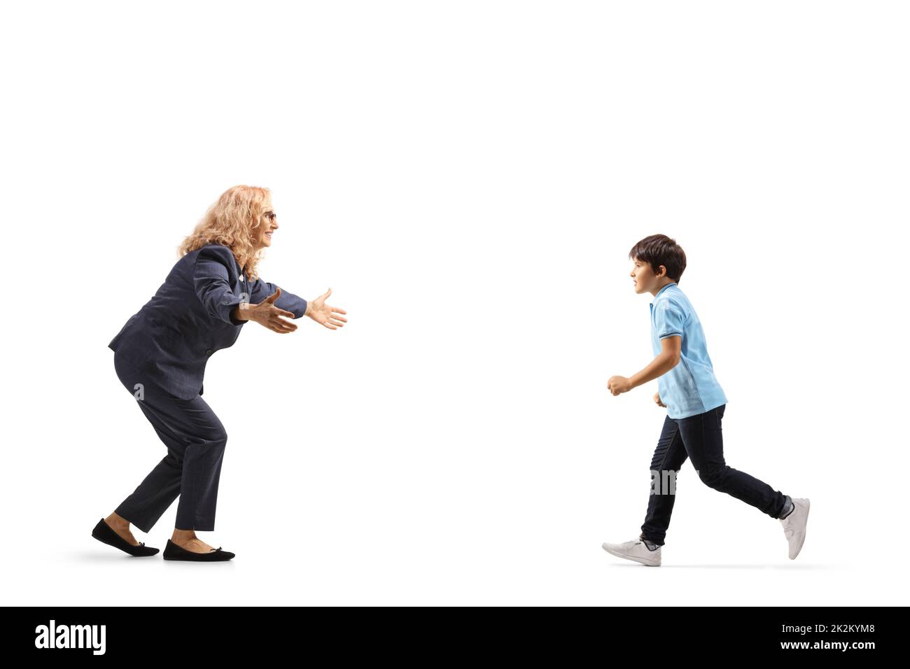 Mother waiting her child with arms wide open isolated on white ...