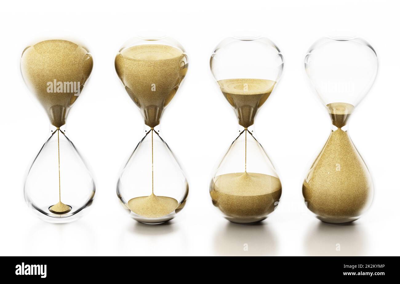 Row of hourglasses isolated on white background. 3D illustration Stock ...