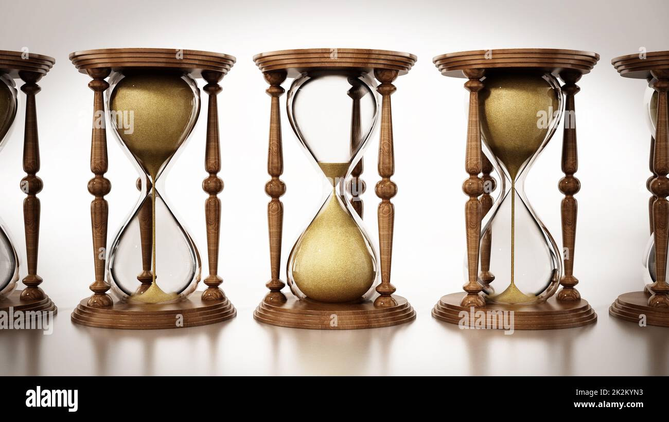 Row of hourglasses isolated on white background. 3D illustration Stock ...