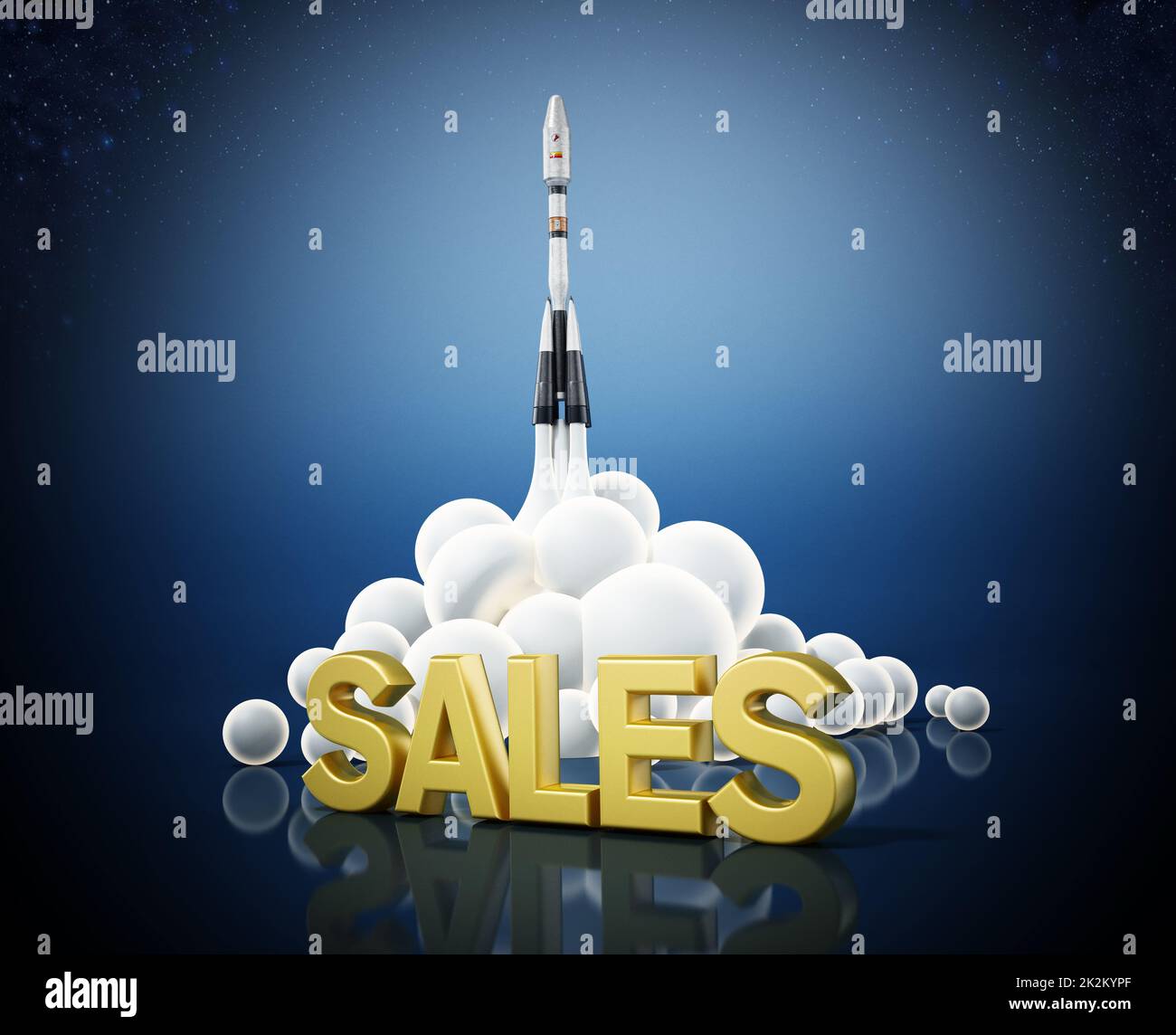 Sales text standing in front of a launching rocket. Business and ...