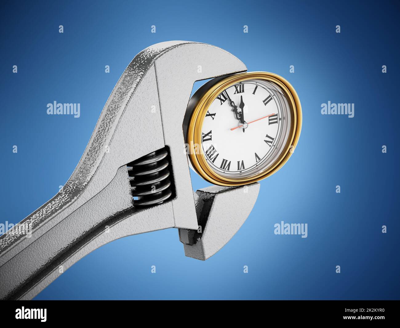 Wrench and clock isolated on white background. 3D illustration Stock ...