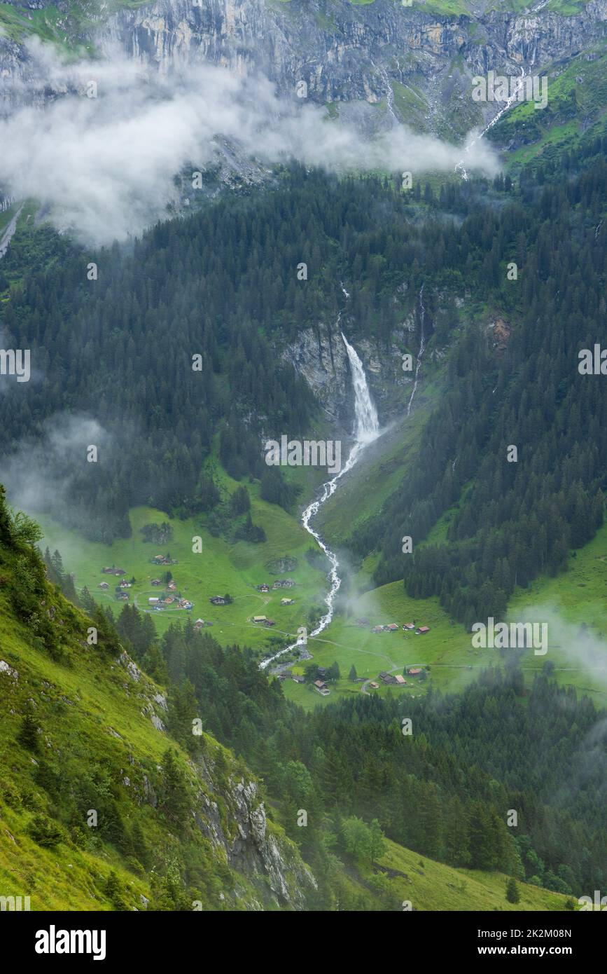 Typical alpine landscape with waterfalls (Niemerstafelbachfall), Swiss ...