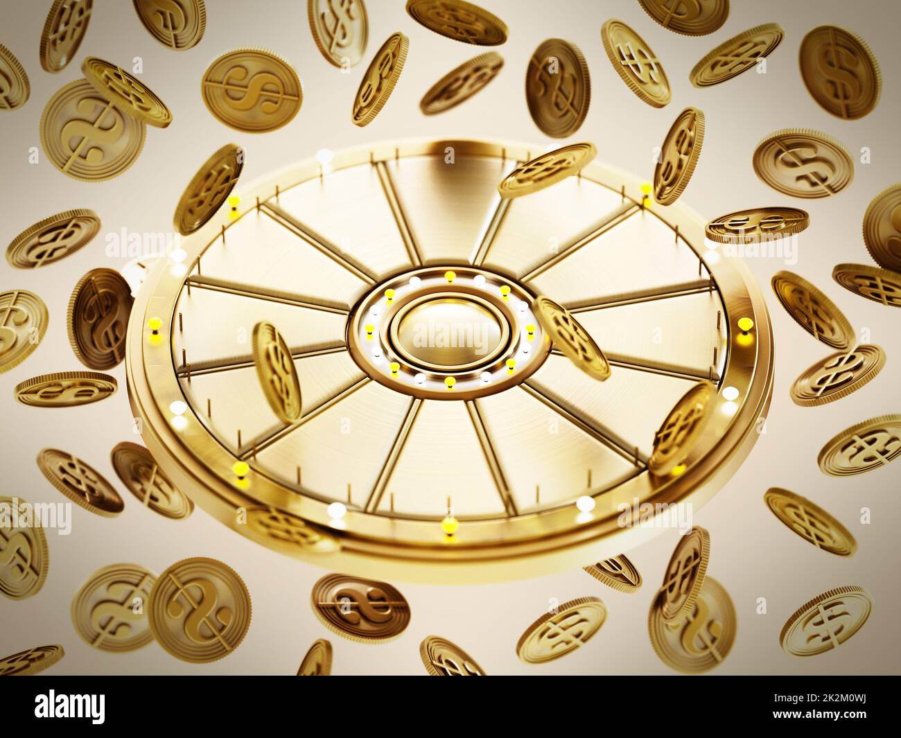 Prize wheel and gold coins with dollar icon on blue background. 3D ...