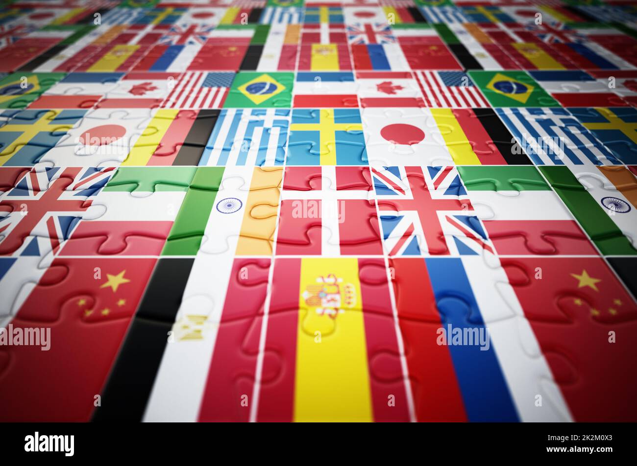 Country flags on jigsaw puzzle pieces. 3D illustration Stock Photo - Alamy