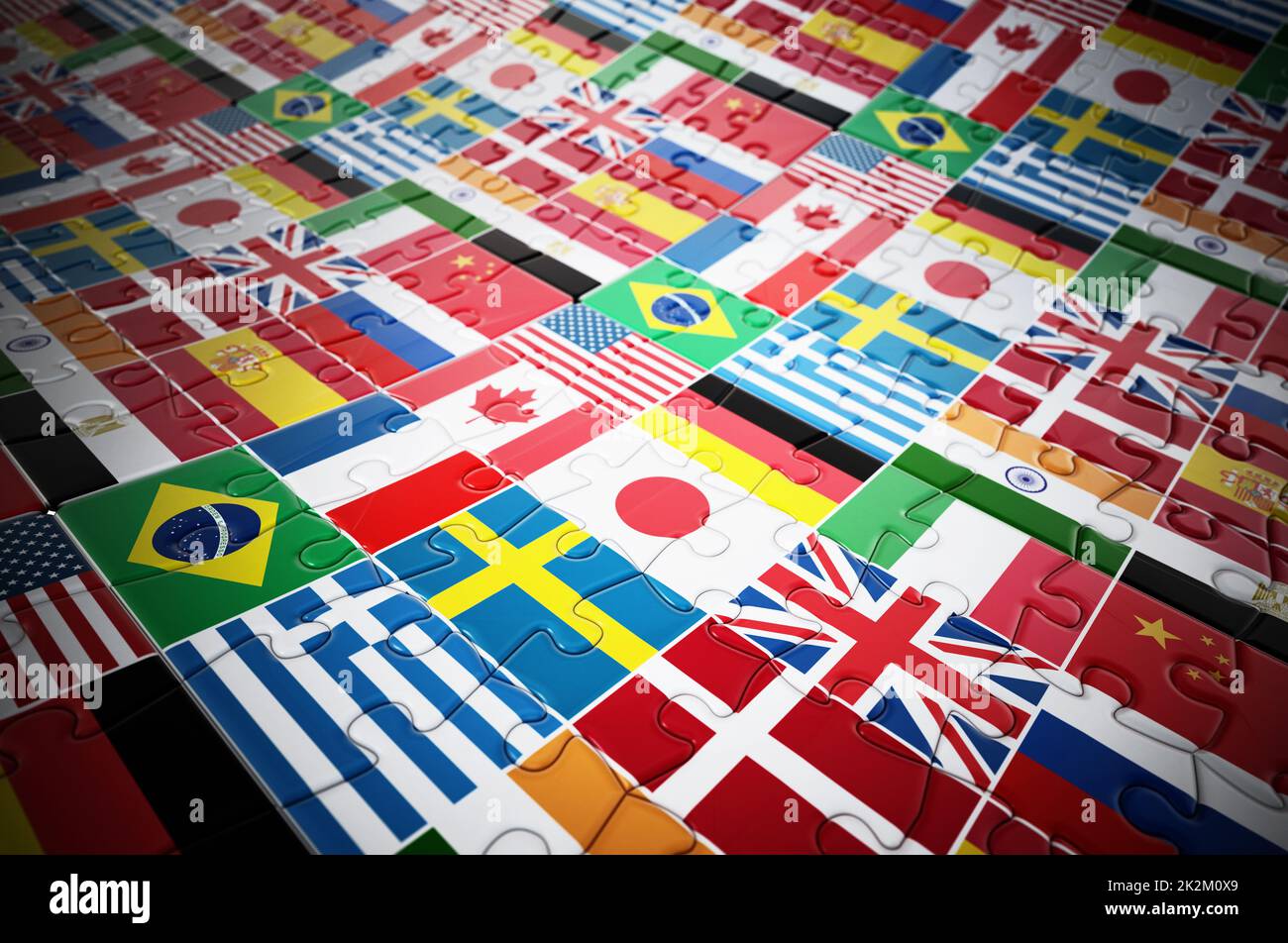 Country flags on jigsaw puzzle pieces. 3D illustration Stock Photo - Alamy