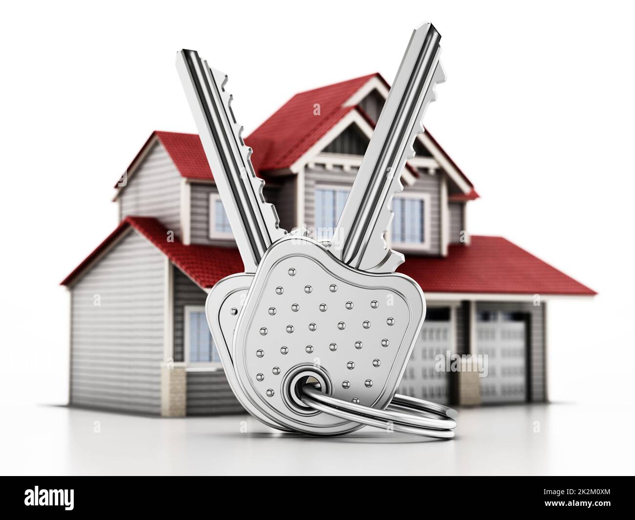 House keys and large luxury house isolated on white background. 3D ...