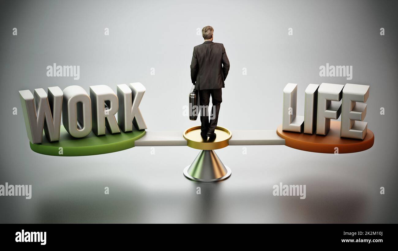 Work and life balance scale with businessman at the center. 3D ...