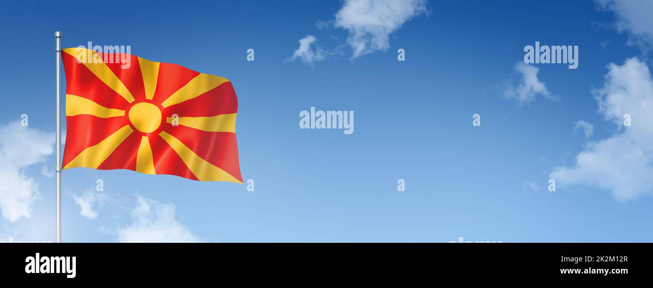 Macedonian flag isolated on a blue sky. Horizontal banner Stock Photo ...