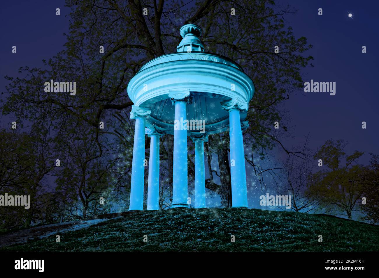 Glowing little rococo temple at nighttime, digitally processed, worms ...