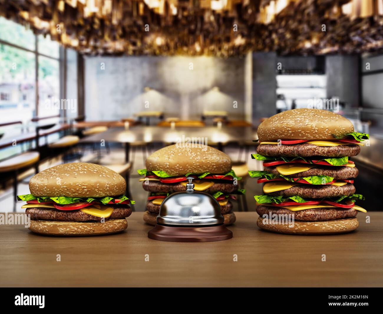 Hamburgers and service bell standing on the burger shop counter. 3D ...