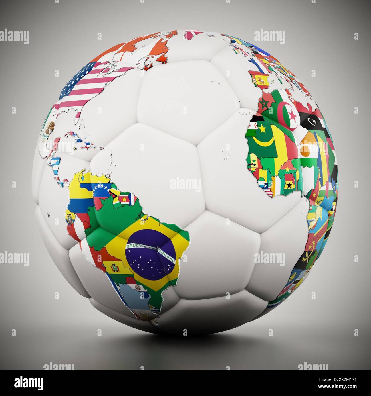 World map with country flags around the soccer ball. 3D illustration ...