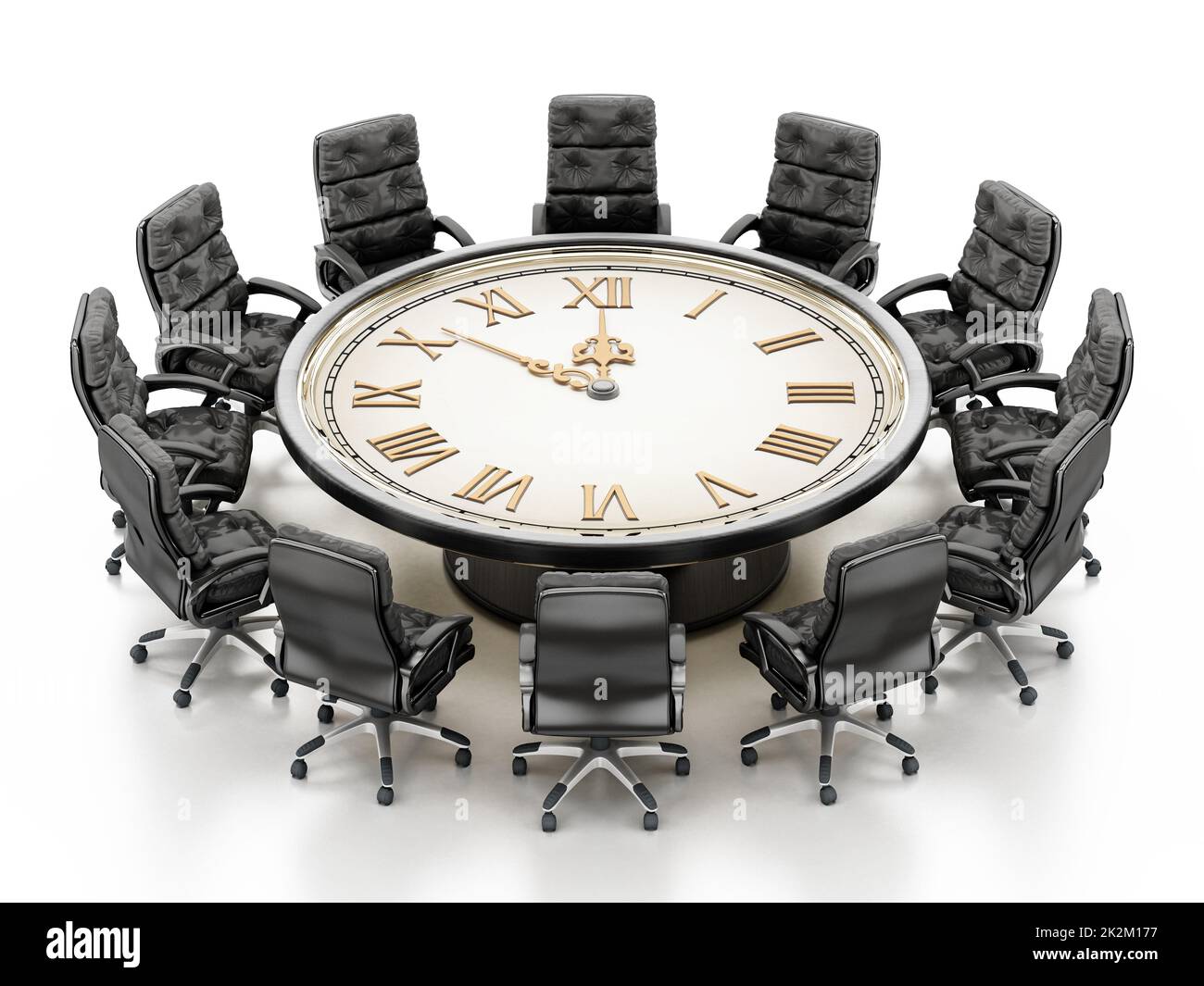 Round table with clock and chairs isolated on white background. 3D ...
