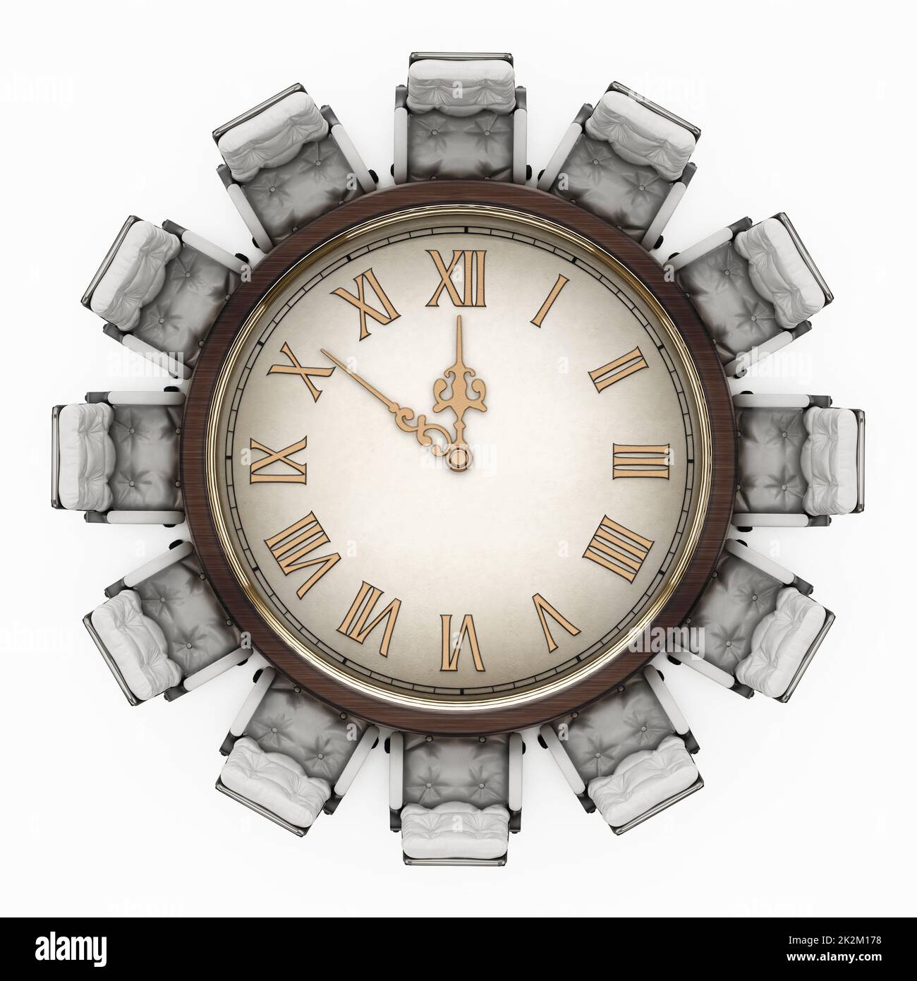 Round table with clock and chairs isolated on white background. 3D ...