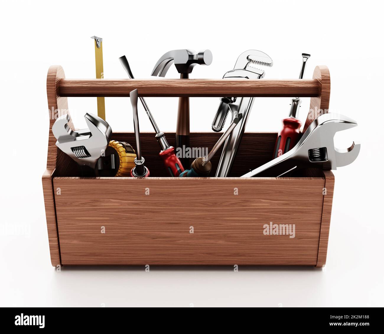 Wooden toolbox with various hand tools isolated on white background. 3D ...