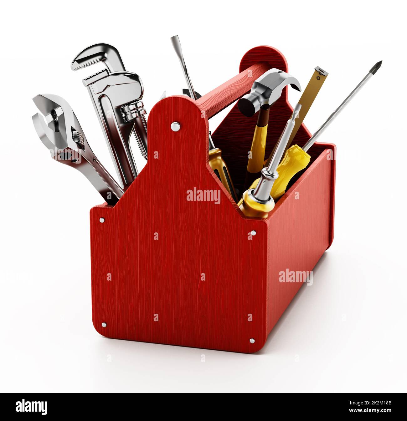 Red wooden toolbox with various hand tools isolated on white background. 3D illustration Stock ...