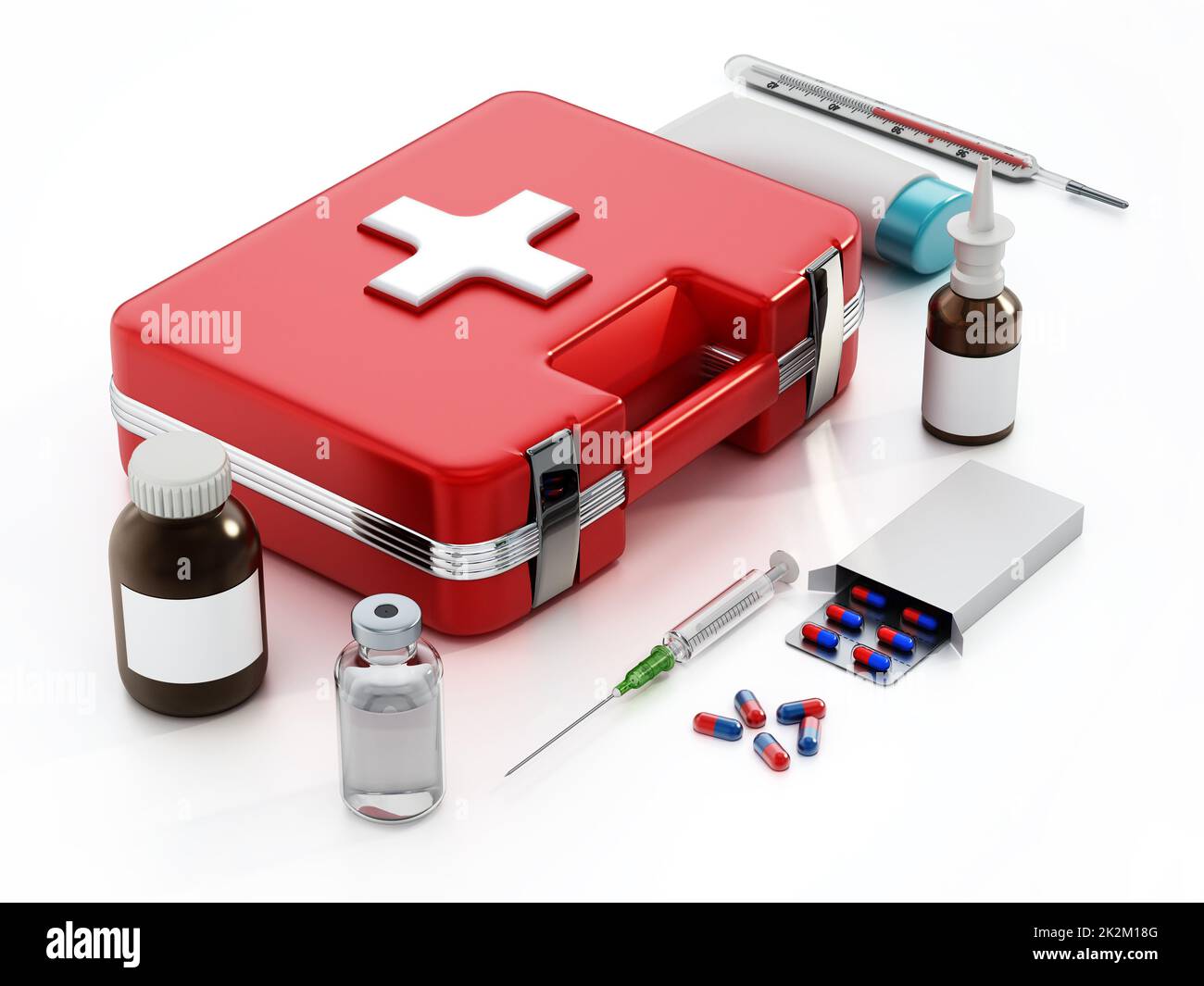 First aid kit, medical tools and medicine isolated on white background ...