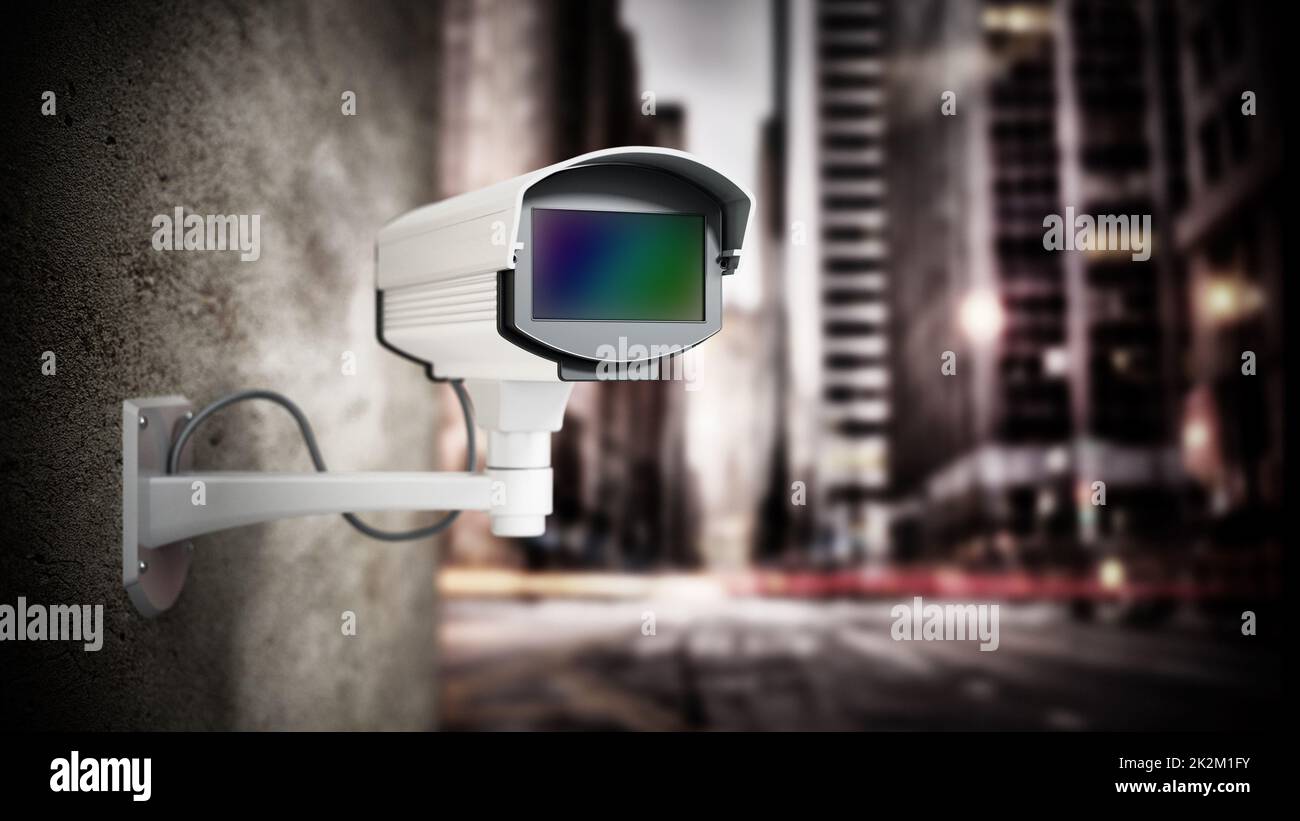Security camera hanging on the wall against city background. 3D ...