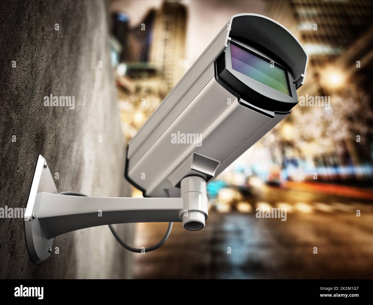 Security camera hanging on the wall against city background. 3D ...
