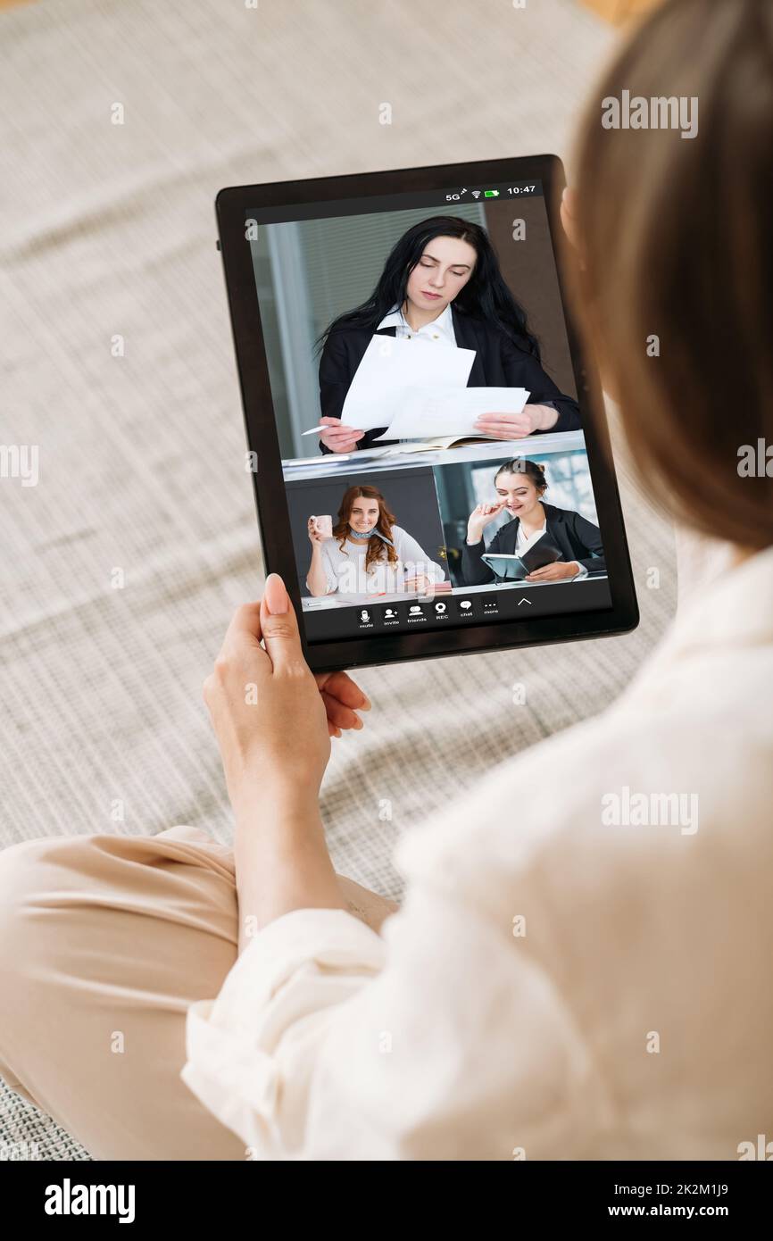 Web conference. Video meeting. Freelance telework. Female employee ...