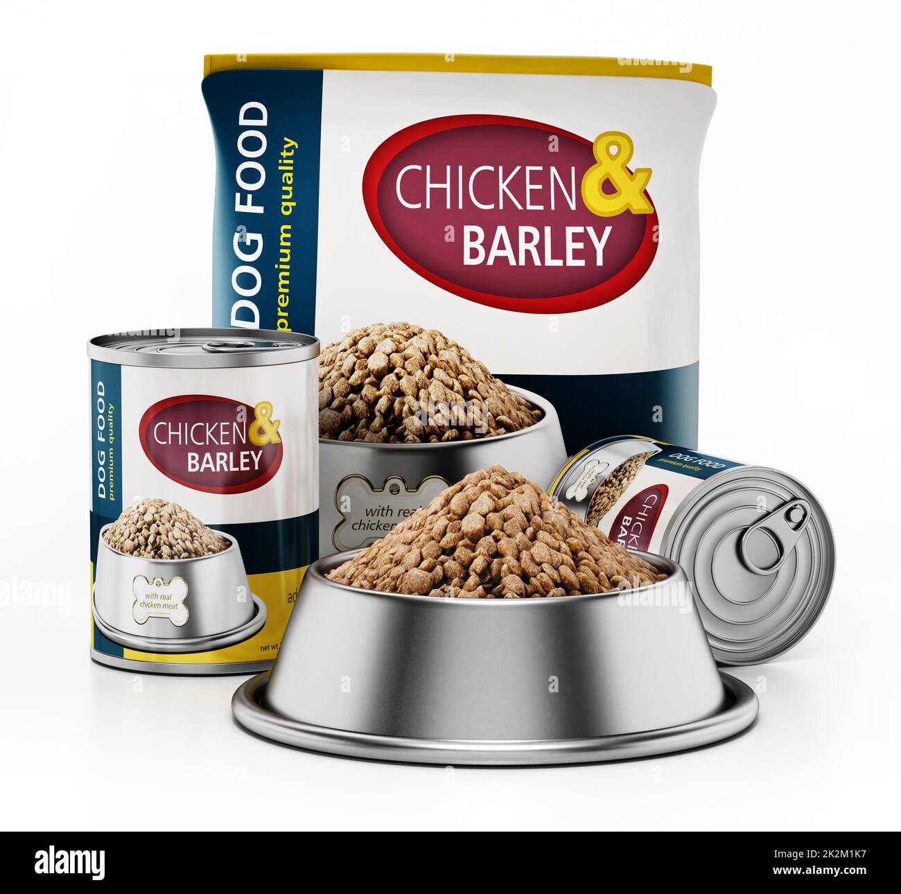 Dog food in generic cans and bag isolated on white background. 3D ...
