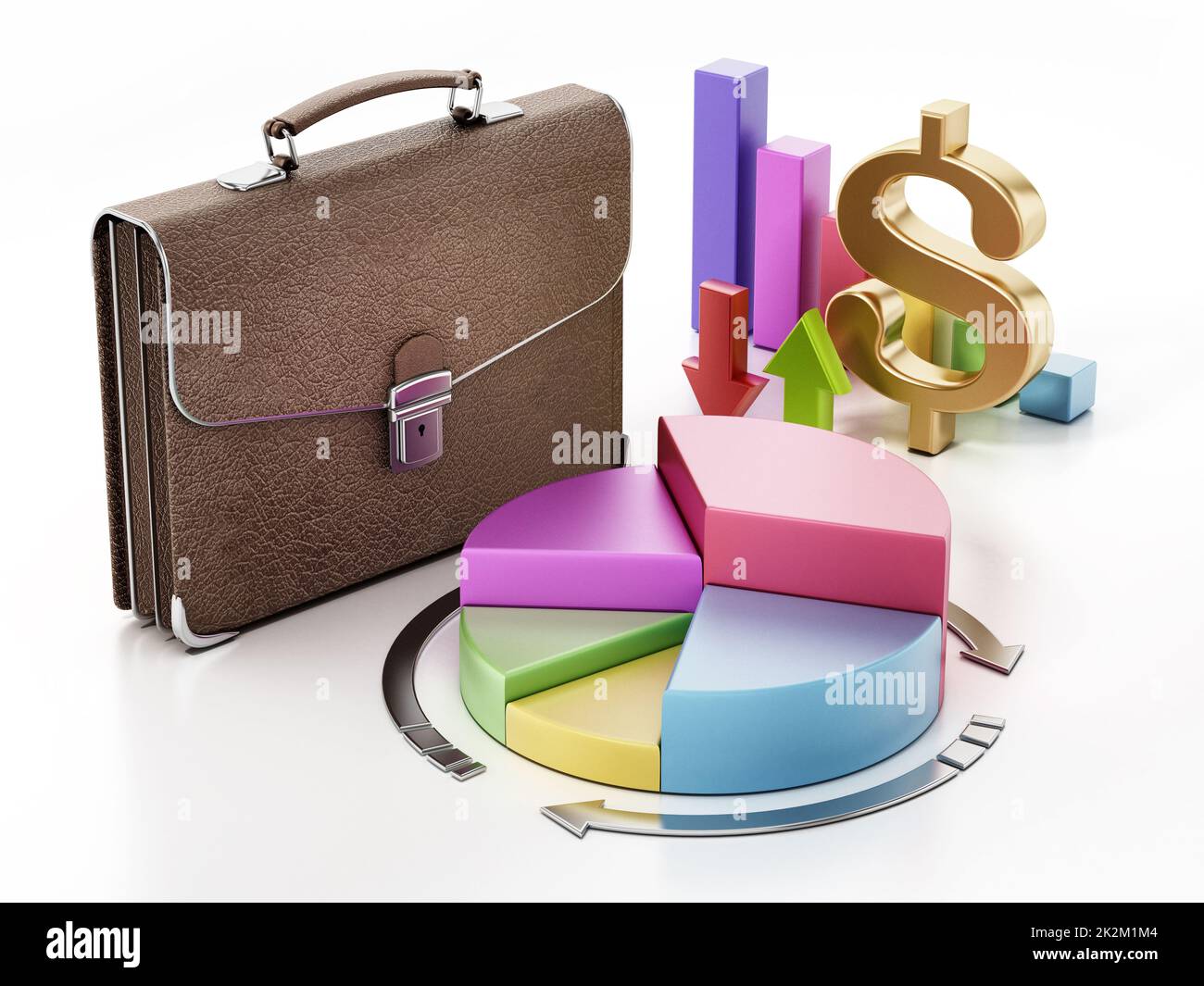 Business charts, graphs, briefcase and dollar symbol isolated on white ...