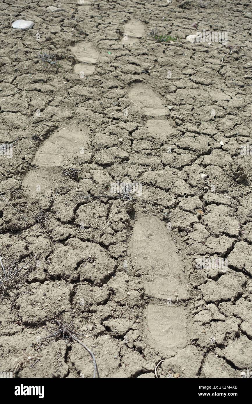 human footprints walking on cracked and cleft soils, human shoe prints ...