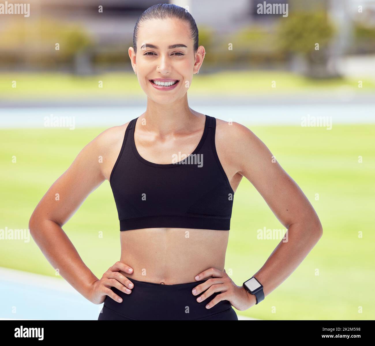 Sports track, portrait and fitness woman, athlete and runner ready for ...