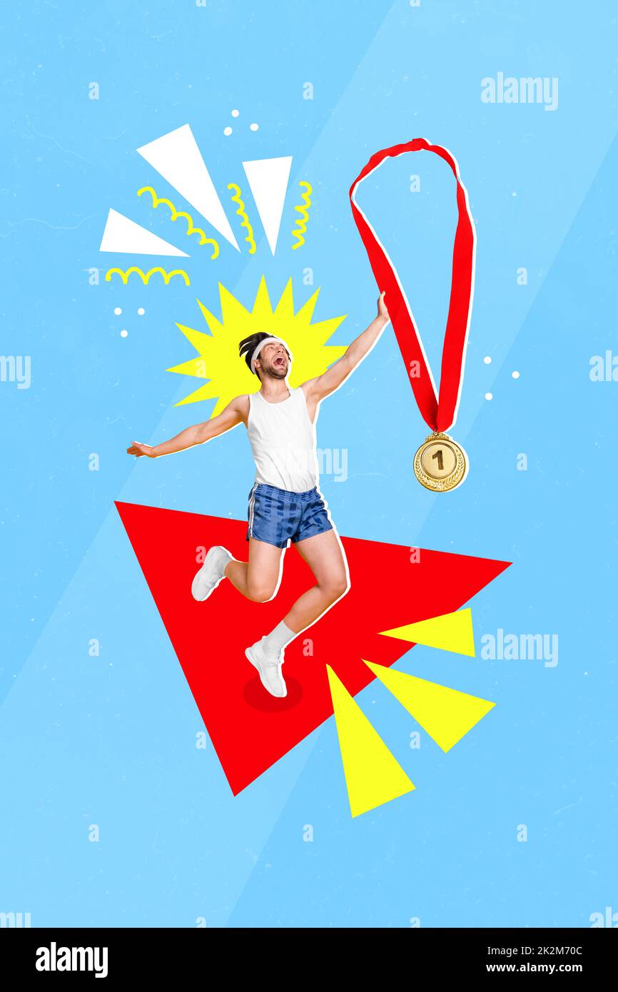 Vertical collage image of excited positive guy hold big golden medal ...