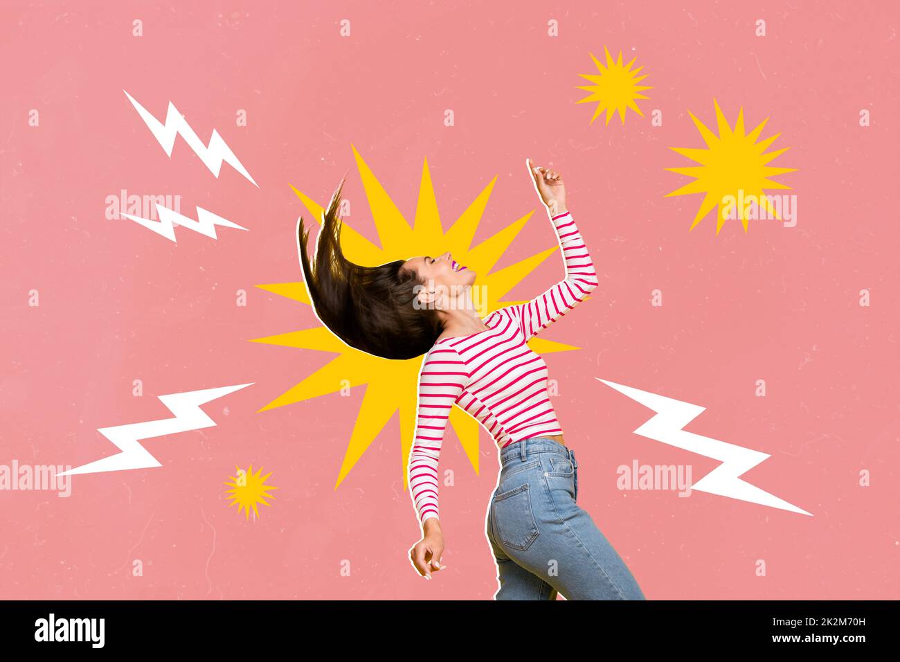 Collage photo of young attractive funny girl dancing have idea plan ...