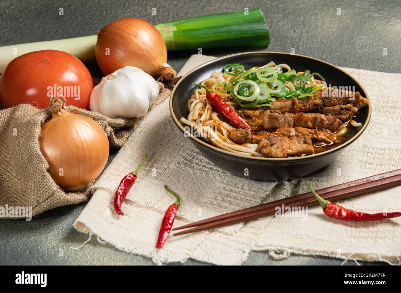 homemade traditional taiwanese pork noodle with pork broth and ...