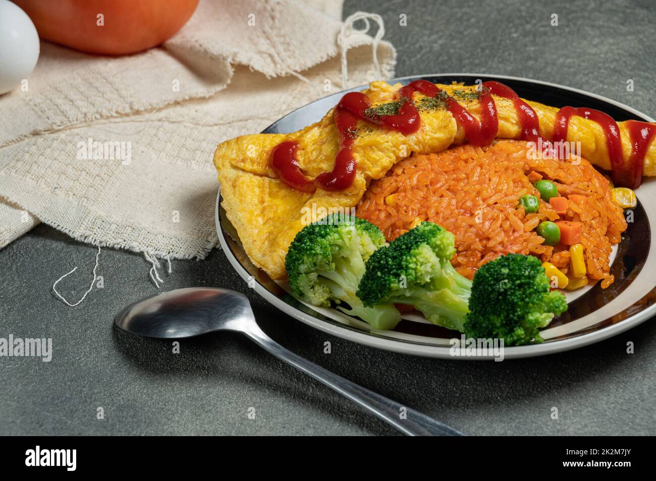 homemade japanese omurice(omelet) with japanese chicken rice,broccolis ...
