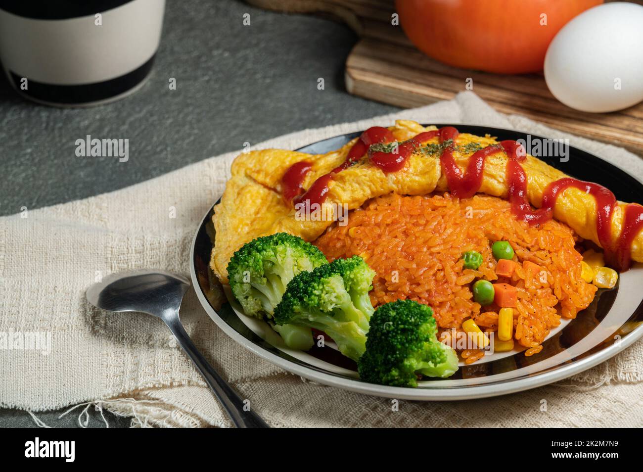 homemade japanese omurice(omelet) with japanese chicken rice,broccolis ...