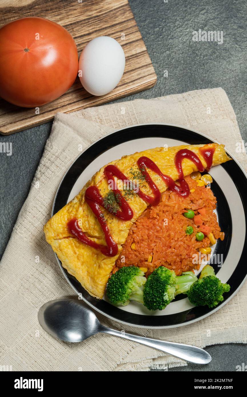 homemade japanese omurice(omelet) with japanese chicken rice,broccolis ...