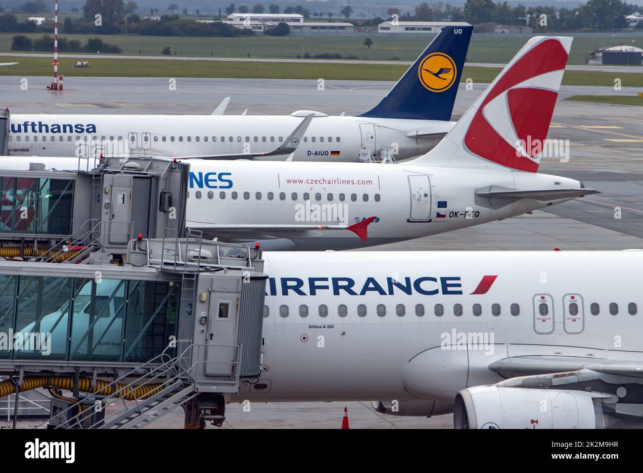 PRAGUE, CZECHIA, SEP 15 2022, A planes parked at line up at the ...