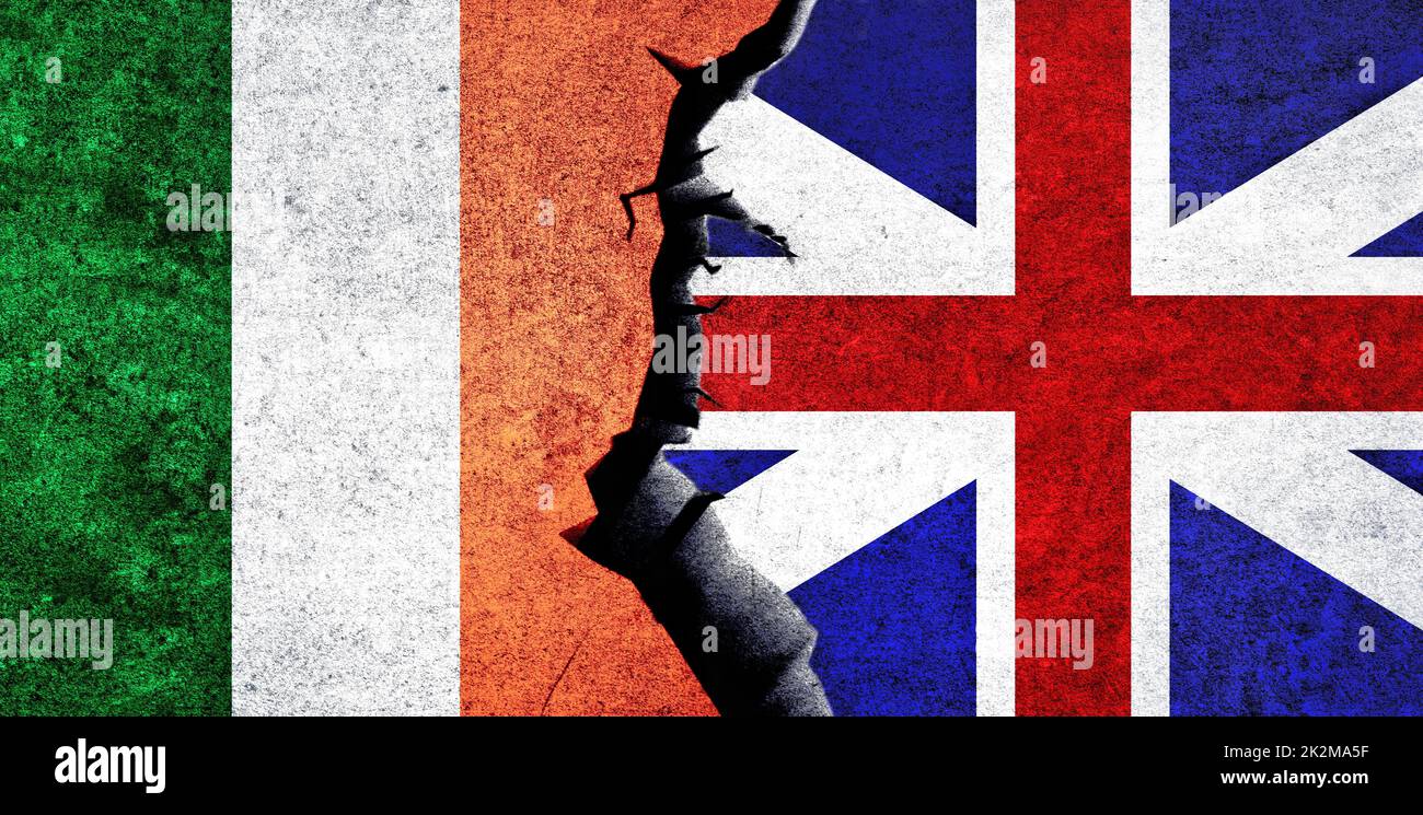 Britain and Ireland flags on a wall with a crack. Britain and Ireland ...