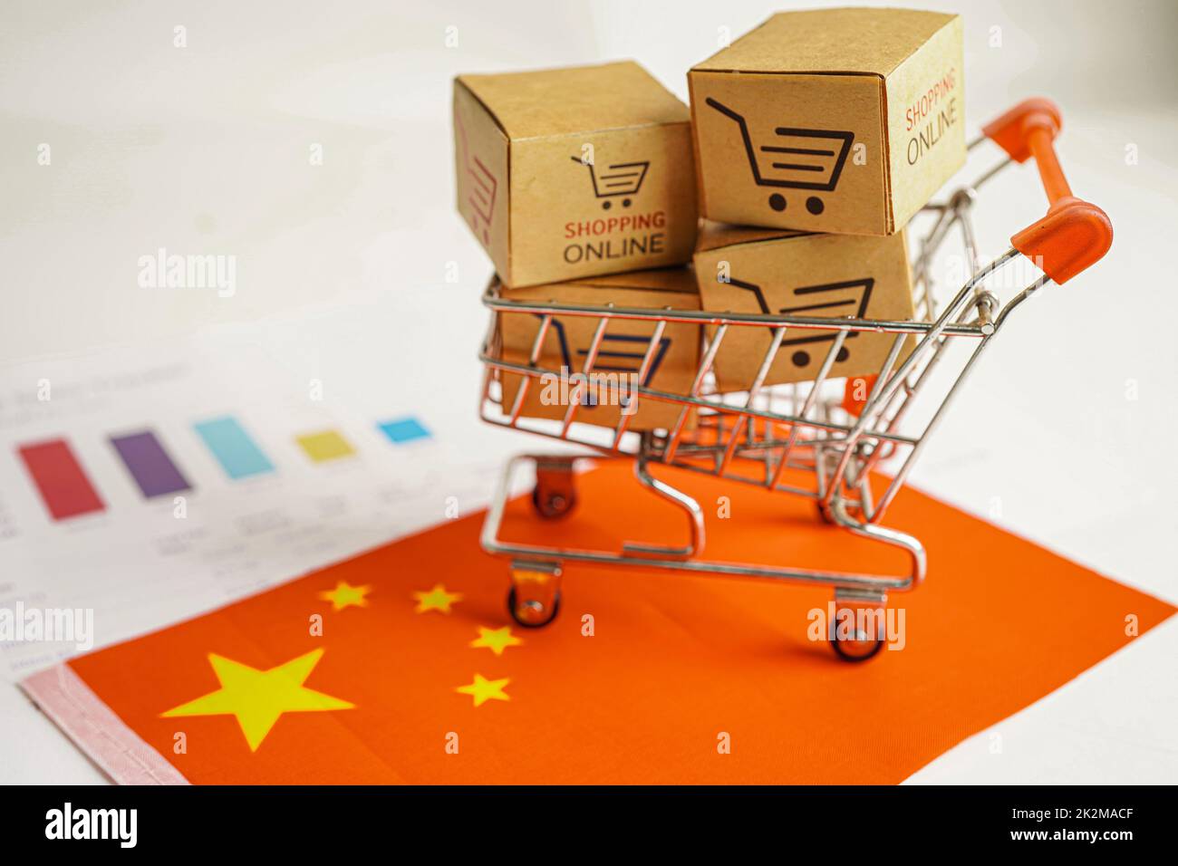 Online shopping, Shopping cart box on business graph and US America ...