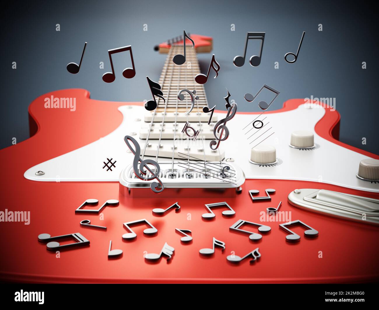 Musical notes falling on the classic red electric guitar. 3D ...