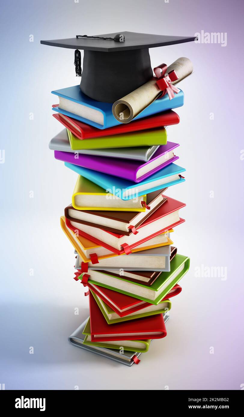 Mortarboard and certificate standing on stack of colorful books. 3D ...
