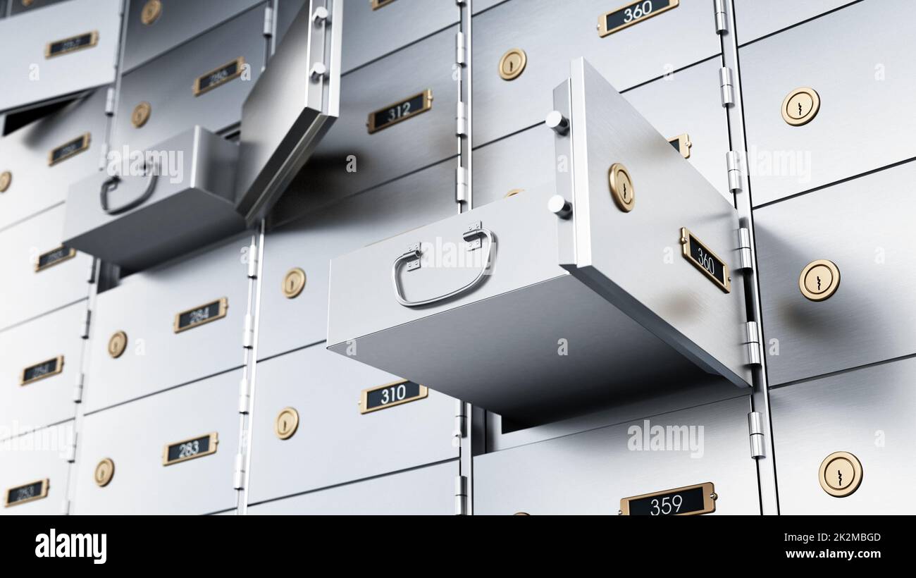 Bank deposit boxes with some open drawers. 3D illustration Stock Photo ...