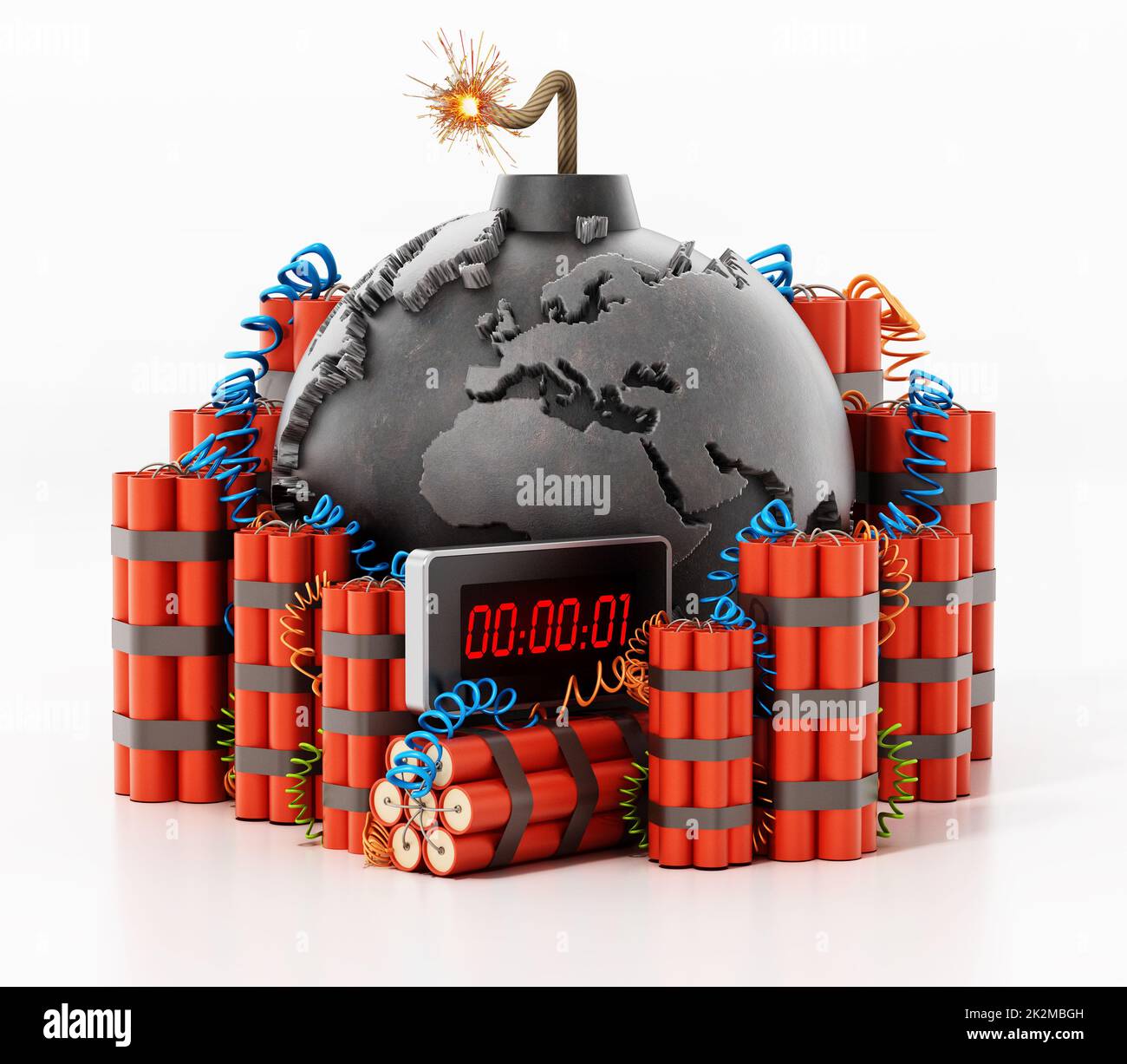 Group of dynamites around the bomb shaped earth isolated on white ...