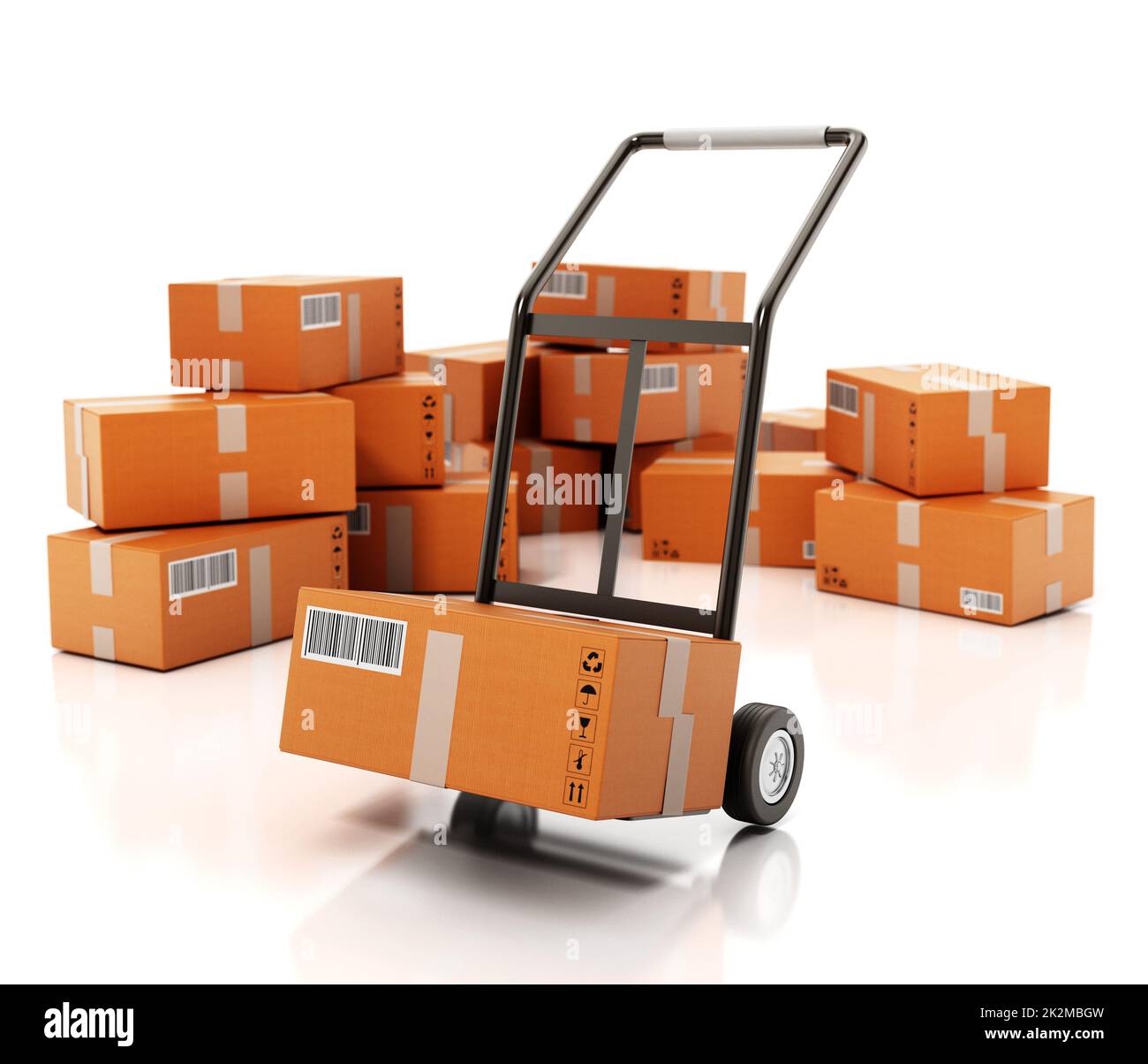 Hand trolley with cargo boxes isolated on white background. 3D ...