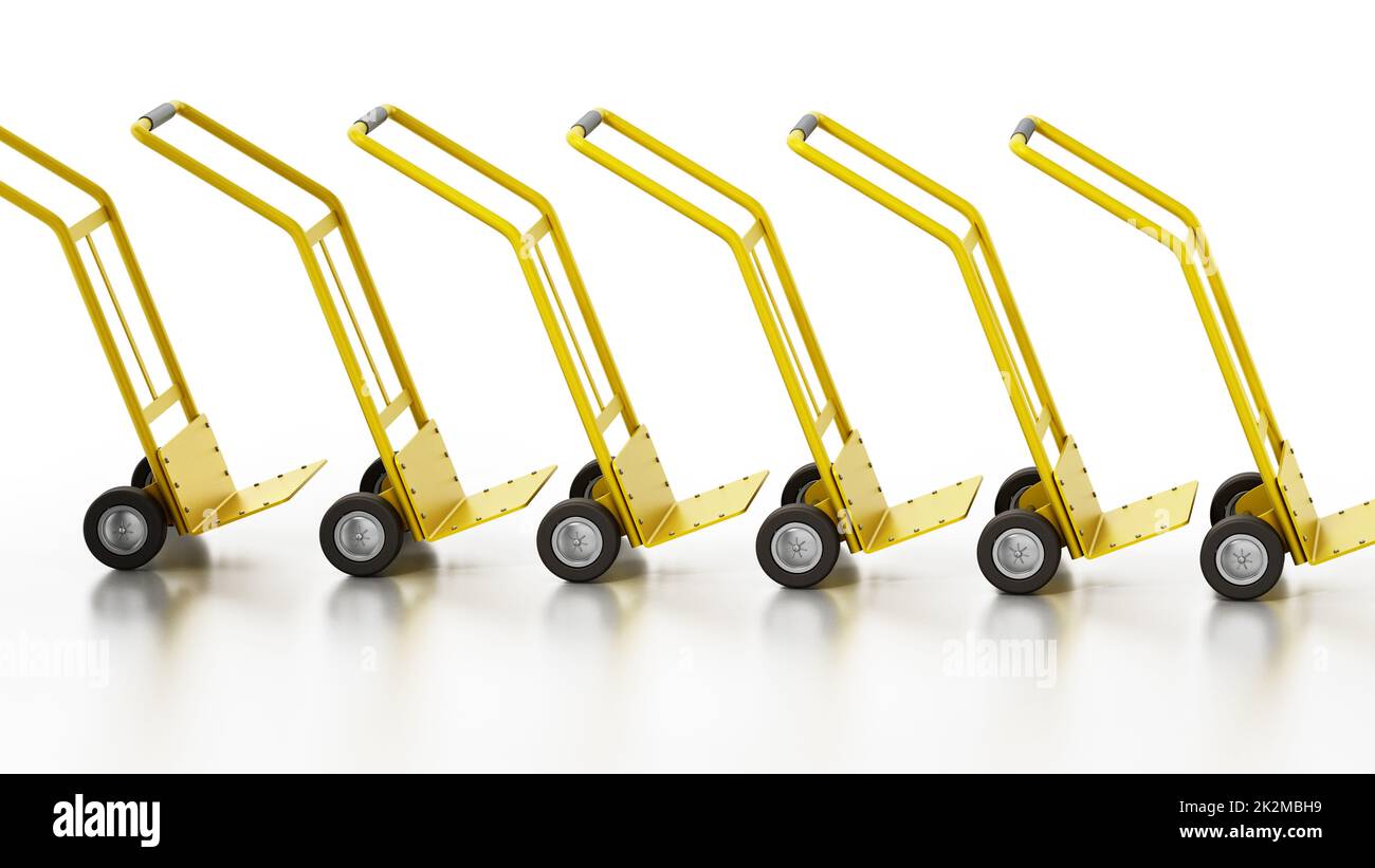 Hand trolleys standing in a line isolated on white background. 3D ...