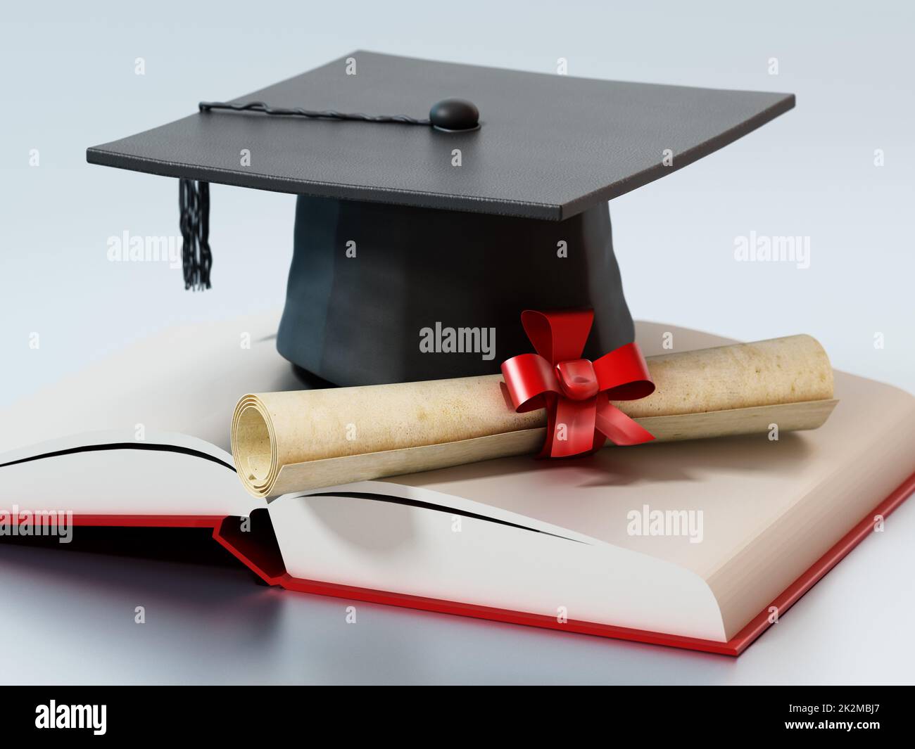 Mortarboard and certificate standing on open book. 3D illustration ...