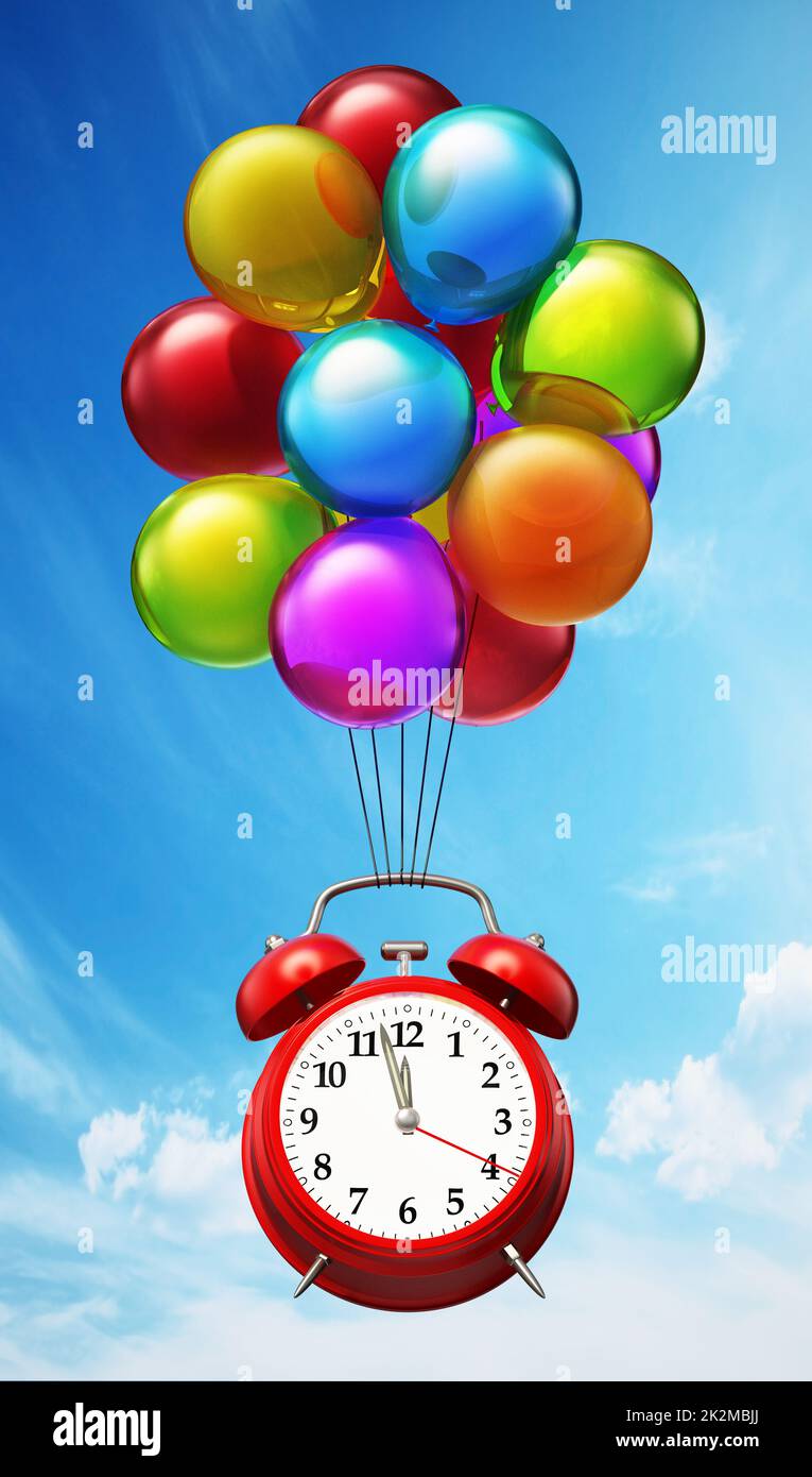 Red alarm clock attached to colorful balloons. 3D illustration Stock ...